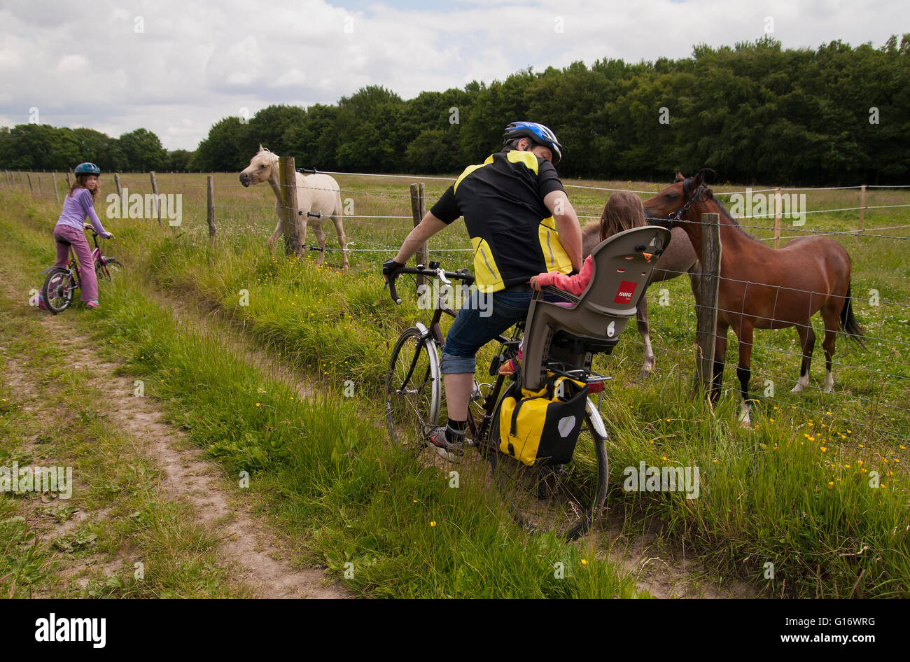 Family out cycling in the British countryside in Kent UK Stock Photo ...