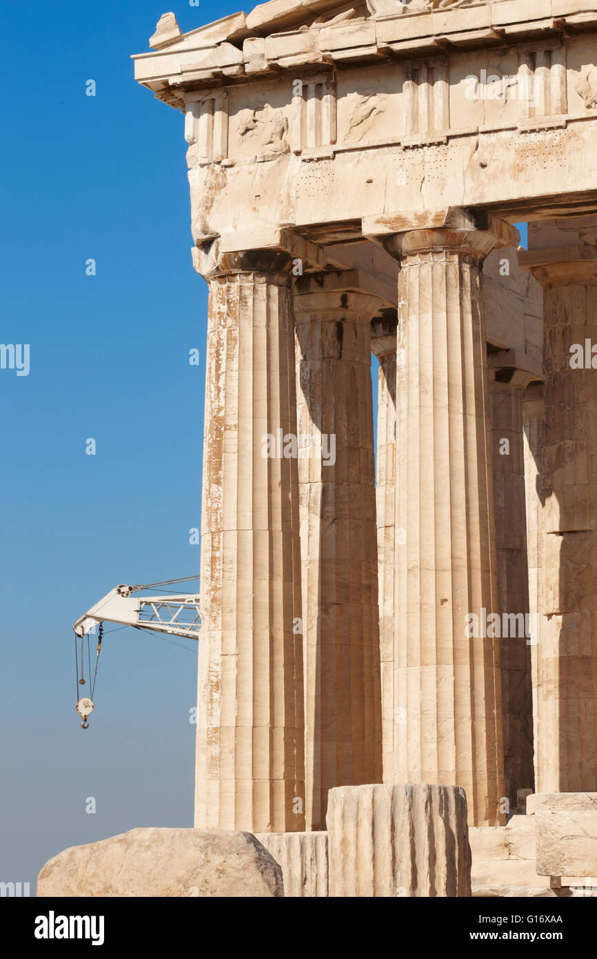 Acropolis of Athens. Parthenon columns and crane. Greece. Vertical ...