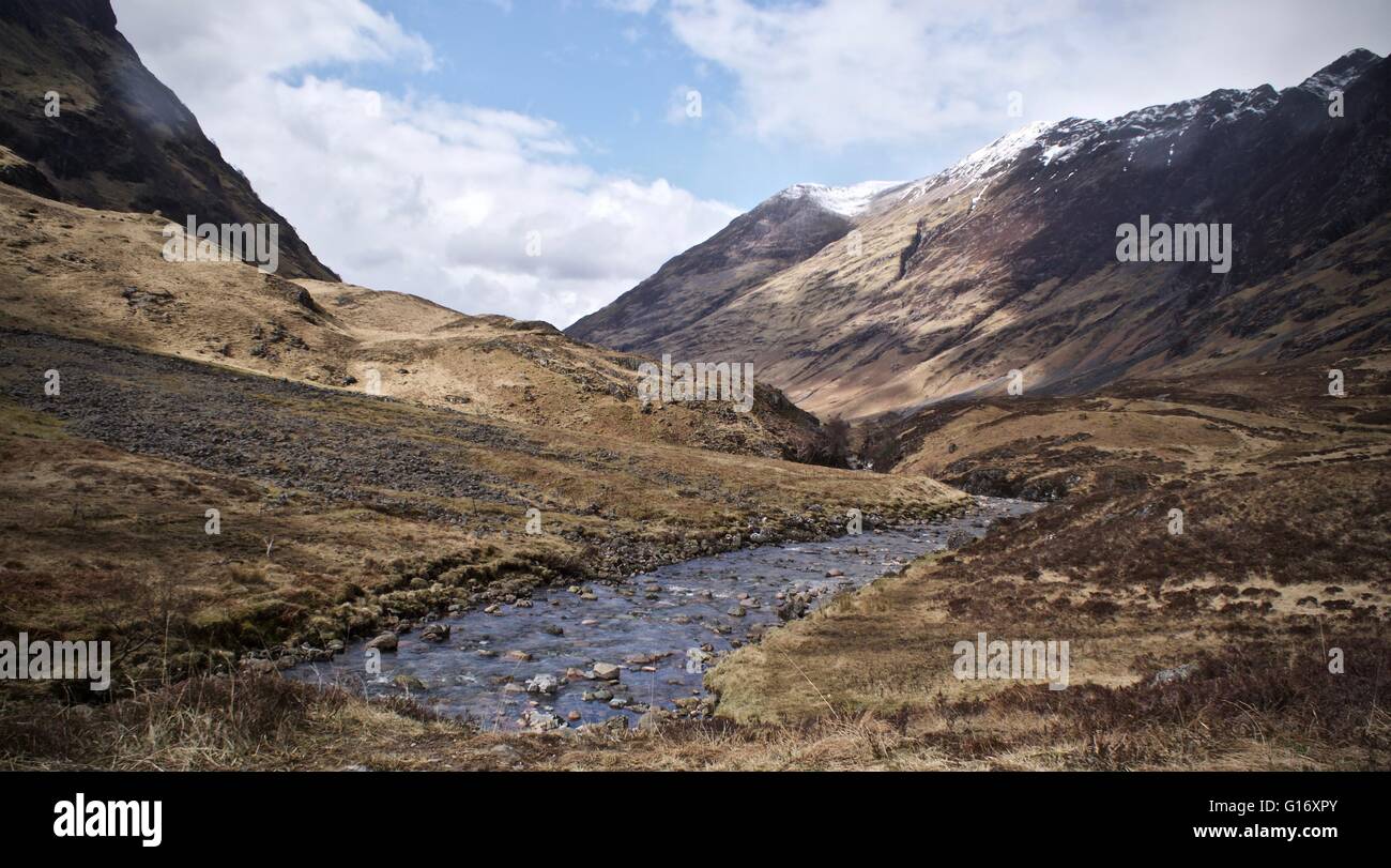 Scottish Highlands in the spring. Icy cold river running down the ...