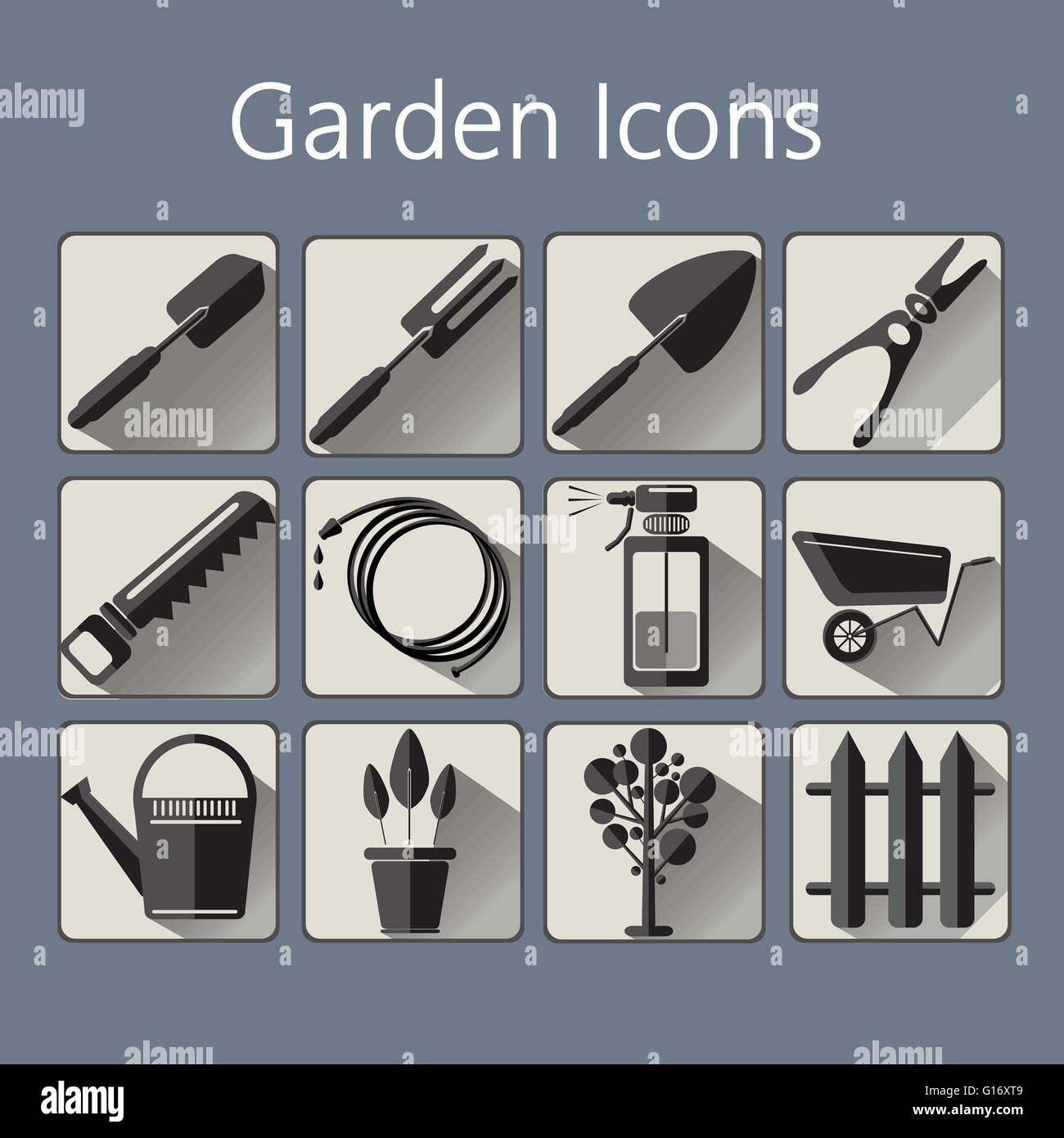 Gardening icons set over a silver blue background, digital vector image ...