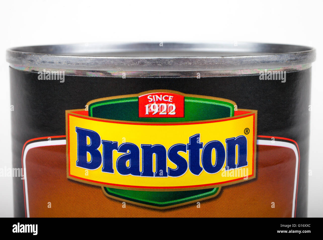 LONDON, UK - MAY 6TH 2016: A close-up shot of the Branston logo on a ...