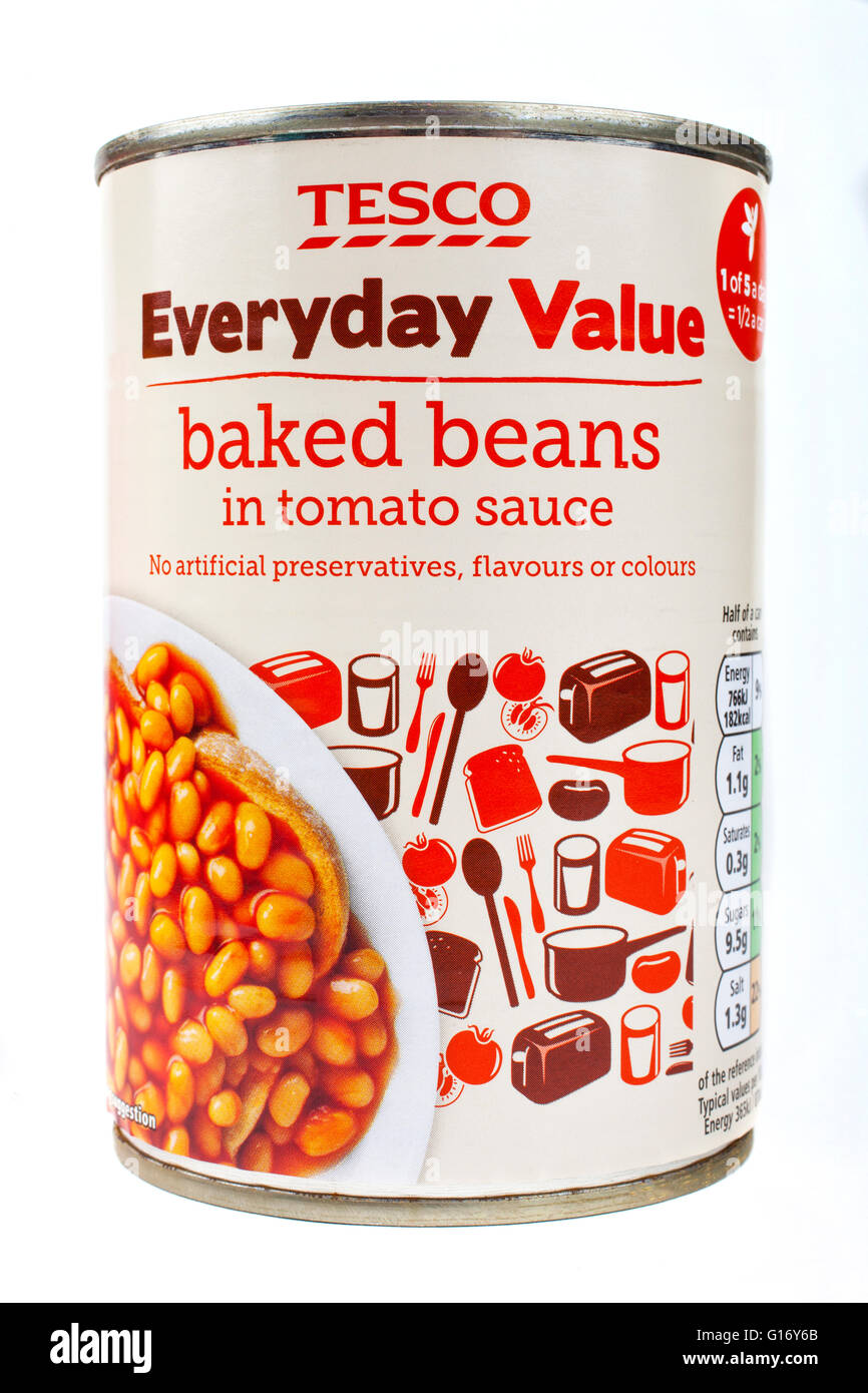 LONDON, UK - MAY 6TH 2016: A tin of Tesco Everyday Value Baked Beans ...