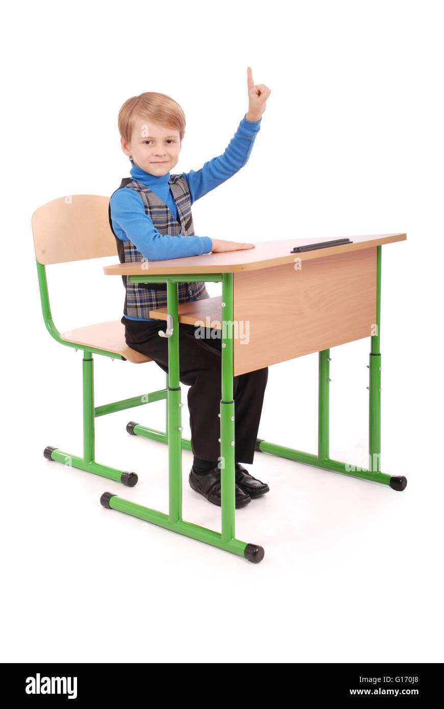 Boy raising hand to ask question isolated on white Stock Photo - Alamy