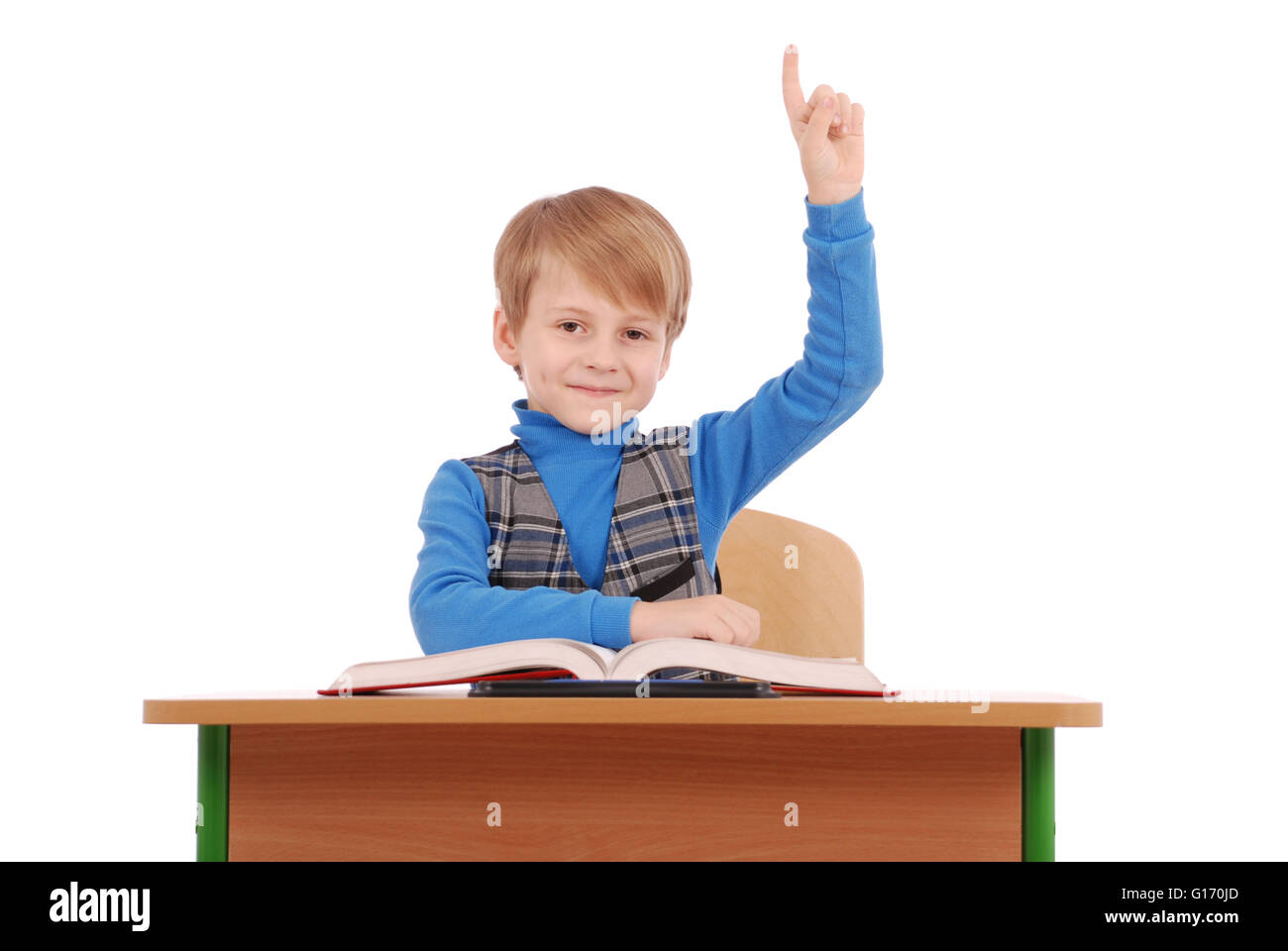 Boy raising hand to ask question isolated on white Stock Photo - Alamy