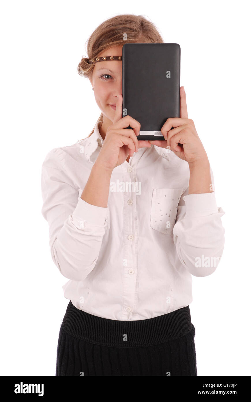 Girl closes half tablet pc face isolated on white Stock Photo - Alamy