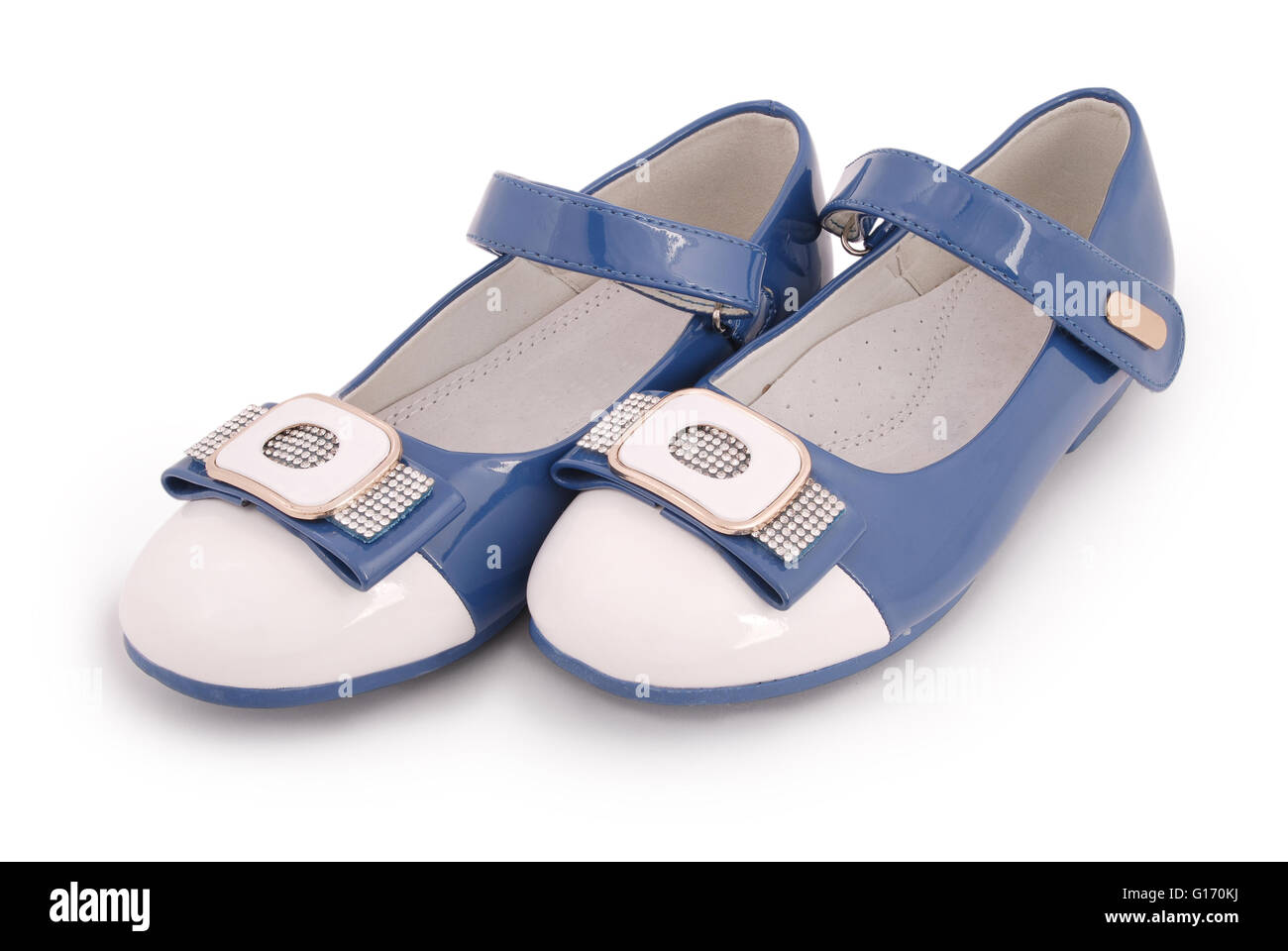 Blue girl shoes white background with soft shadow. Clipping path Stock ...