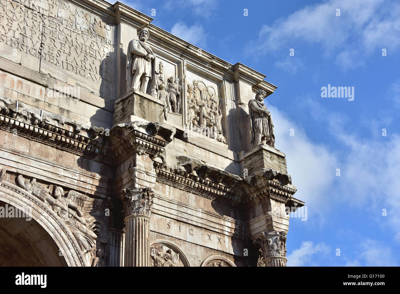 Detail from the monumental Arch of Constantine attic, with statues of ...