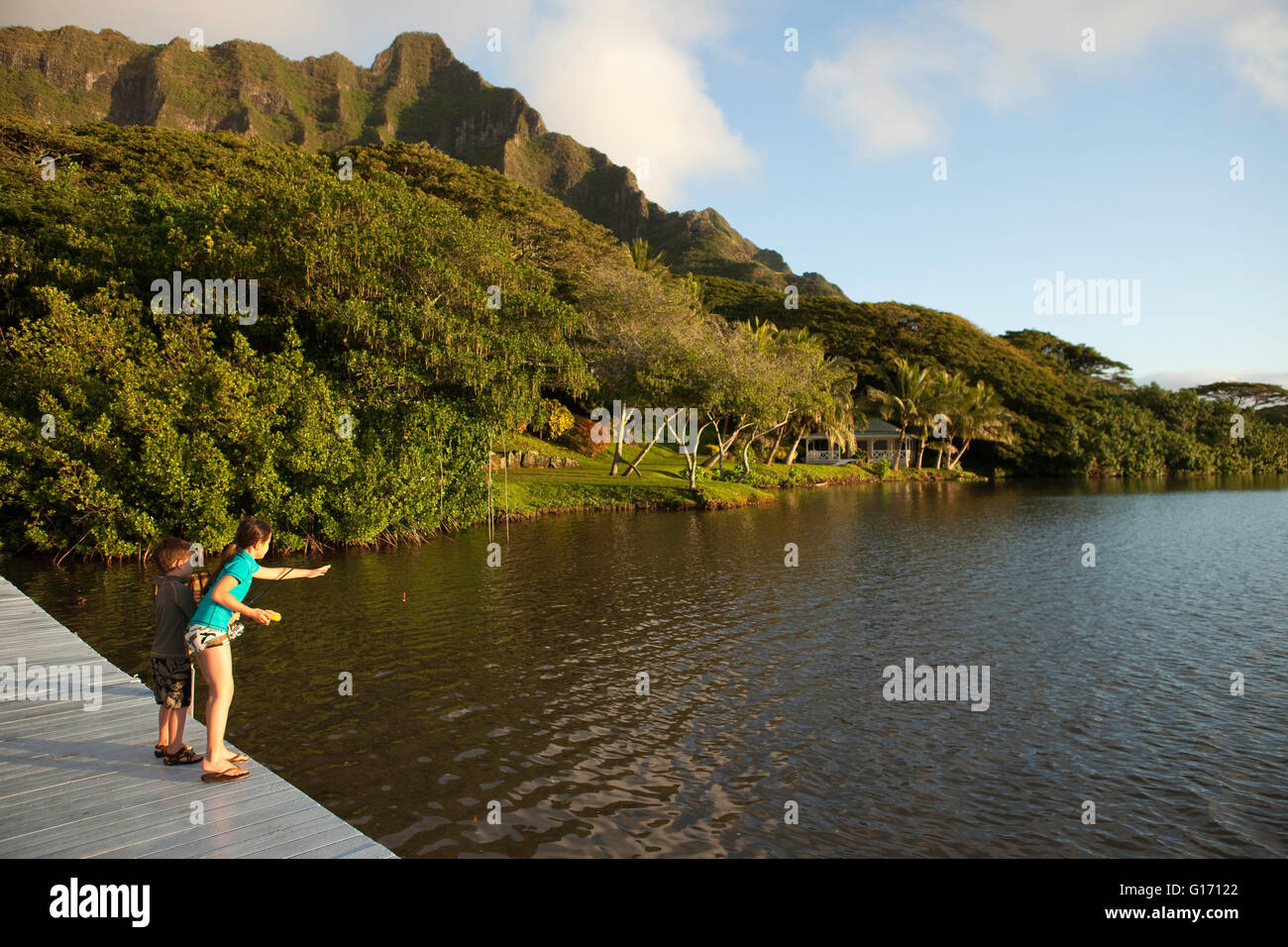 Hawaii, Kualoa Ranch, Fishpond, Fishing Stock Photo - Alamy