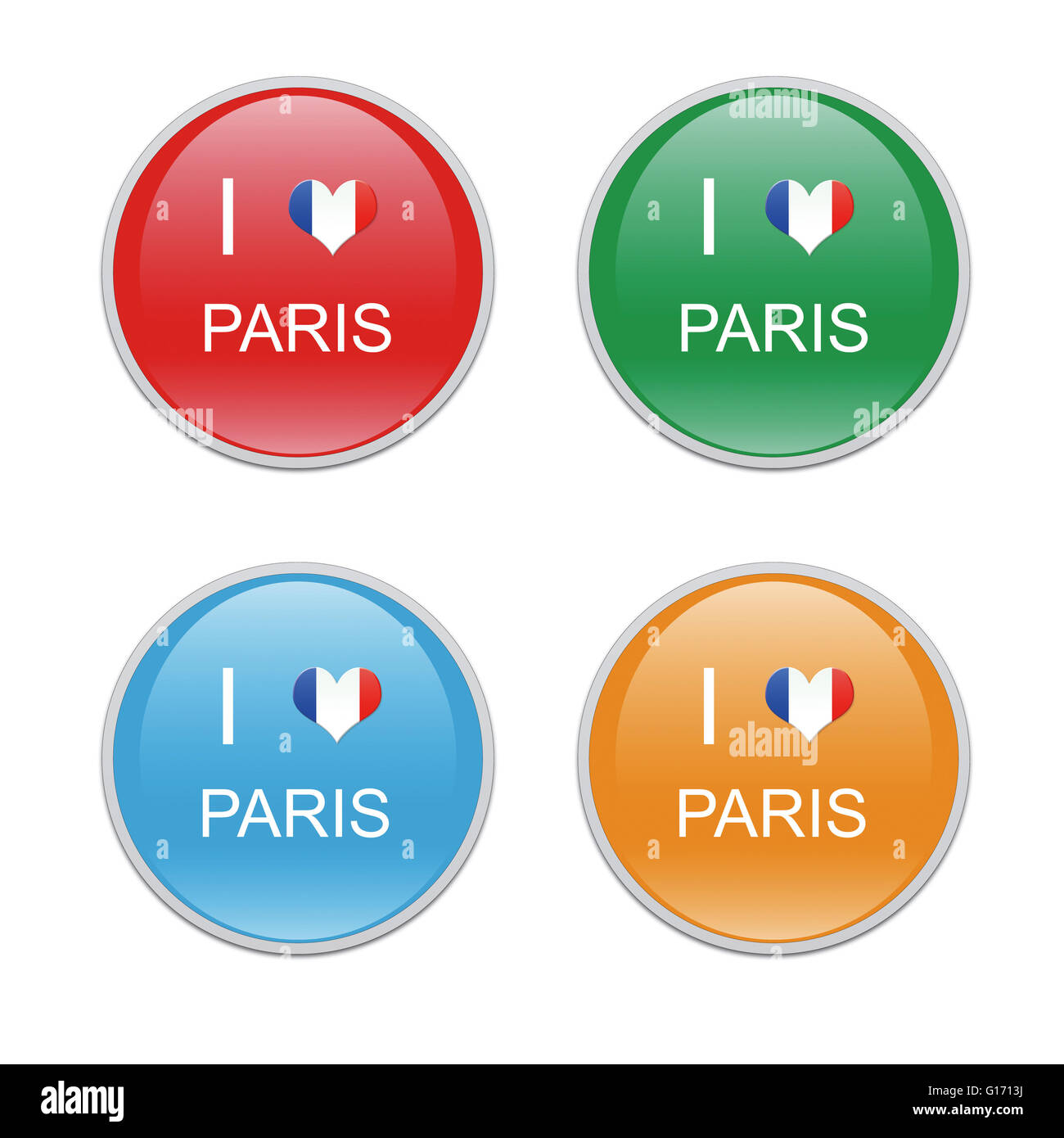 Icons to symbolize I Love Paris in red, green, blue and orange colors ...