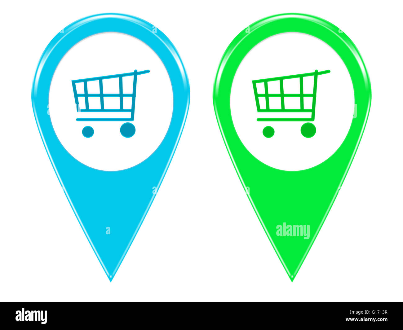 Set of two shopping icons for markers on maps in blue and green colors ...