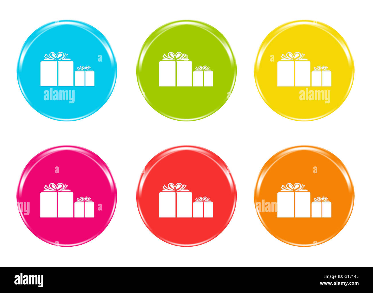 Set of rounded colorful buttons with gift symbol in blue, green, yellow ...