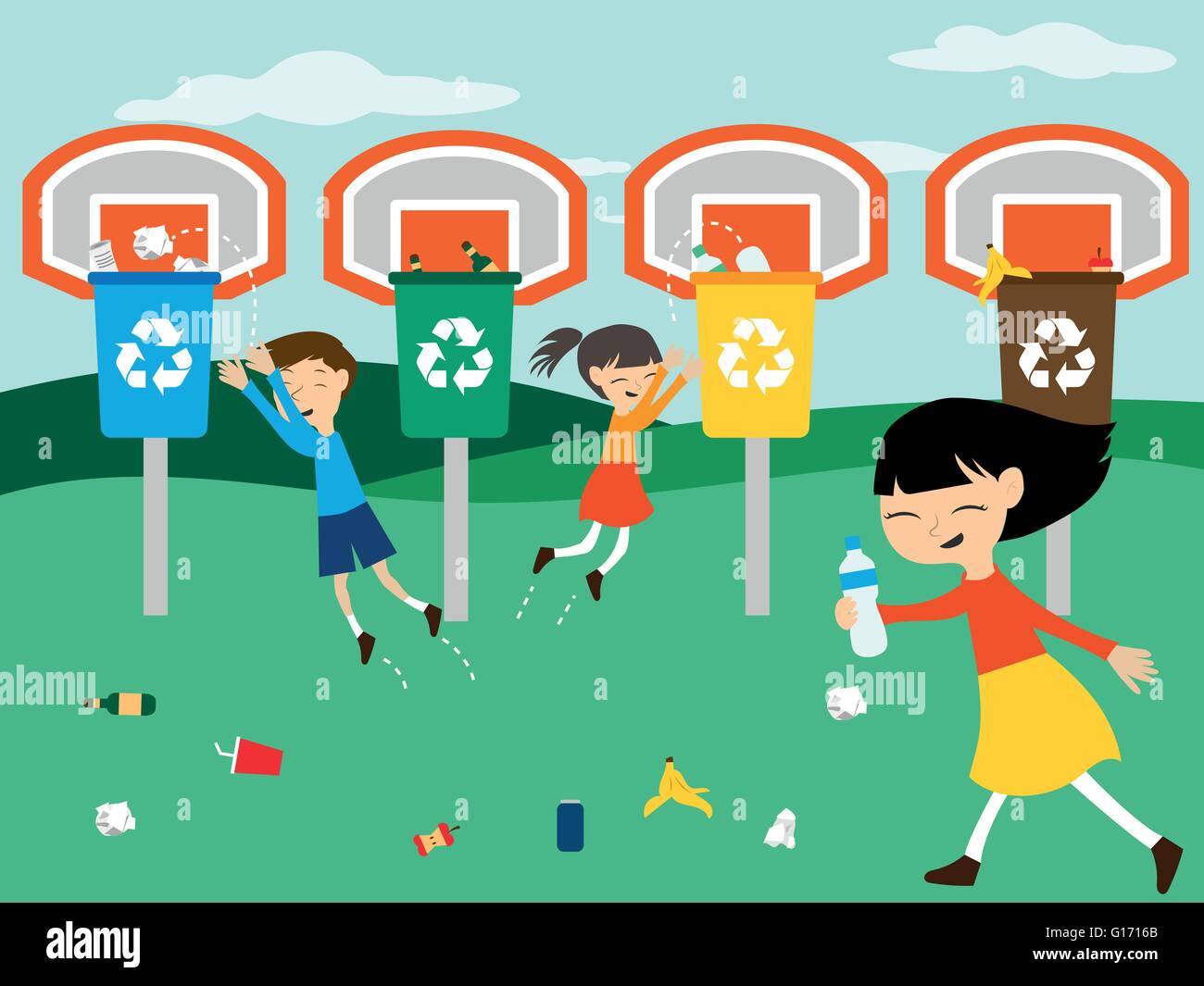 Children recycle playing at basket with recycling bin vector ...