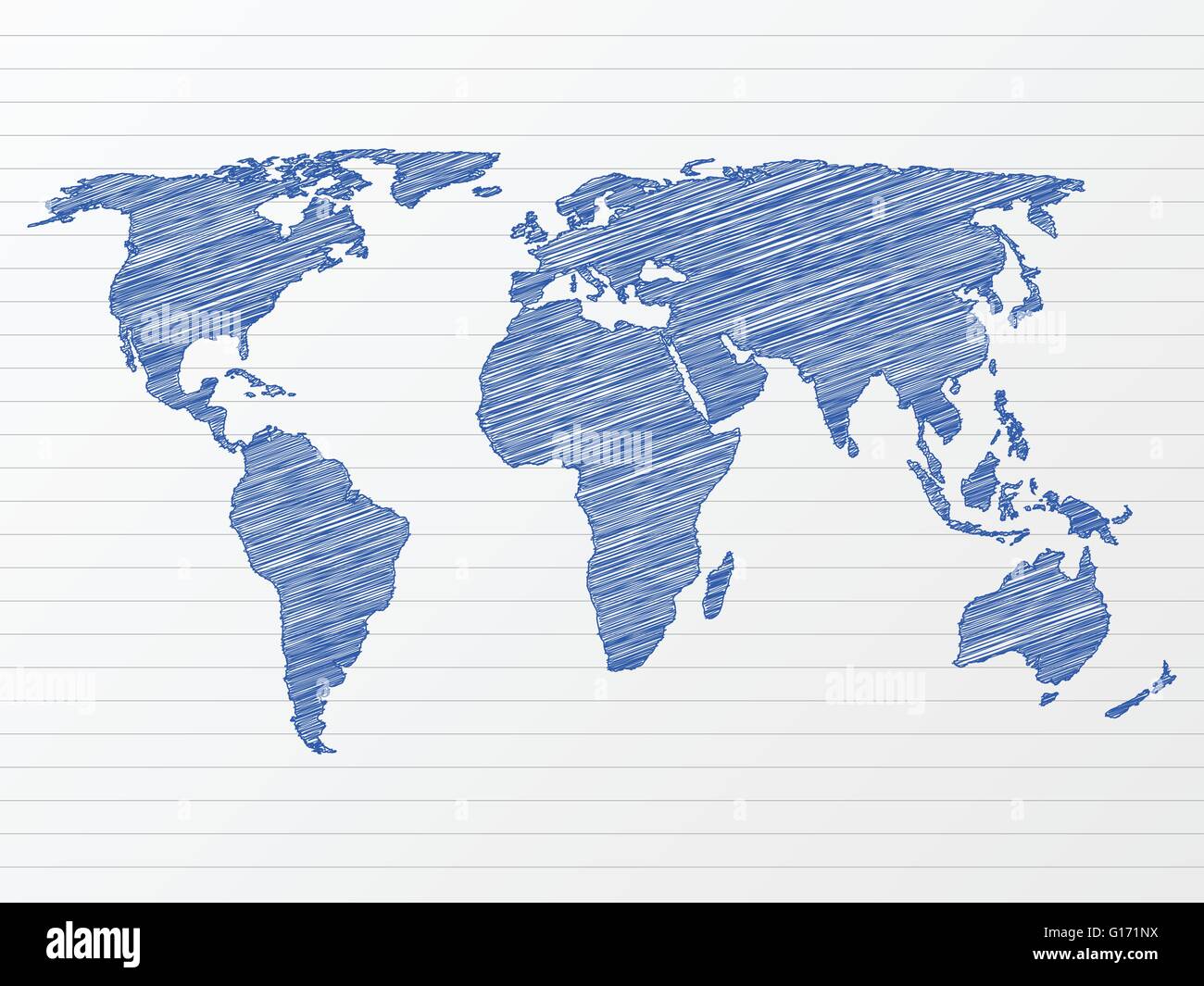 Drawing world map on a notepad sheet. Vector illustration Stock Vector ...
