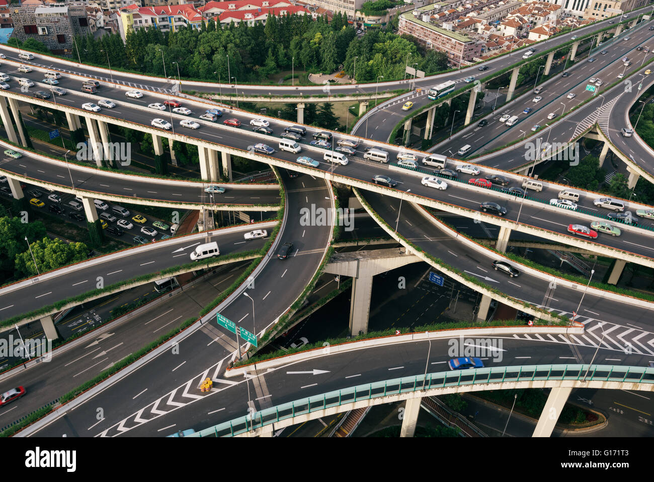 Shanghai, China - Oct 10, 2015 : Aerial view of a highway overpass in ...