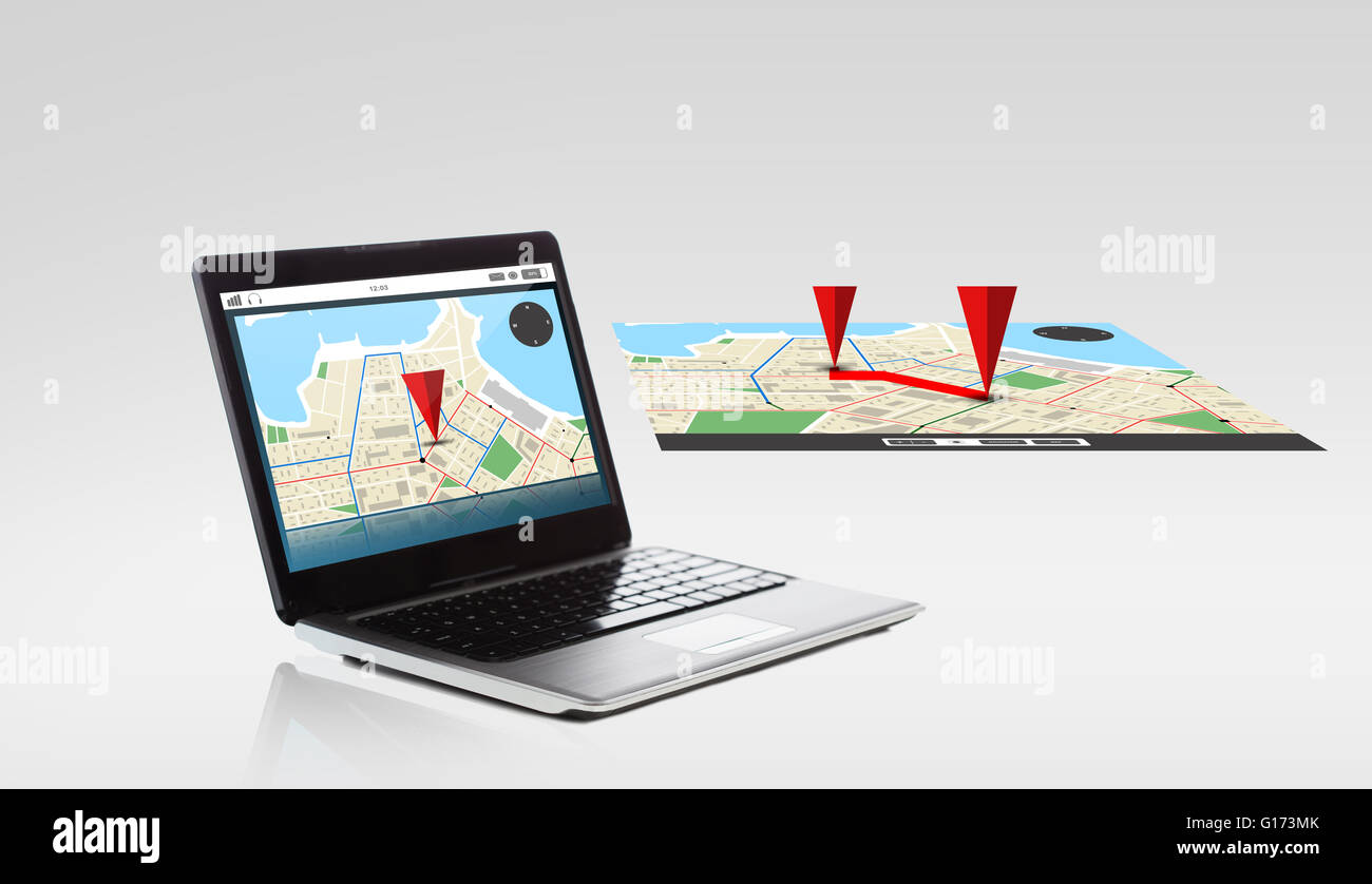 laptop computer with gps navigator map on screen Stock Photo - Alamy