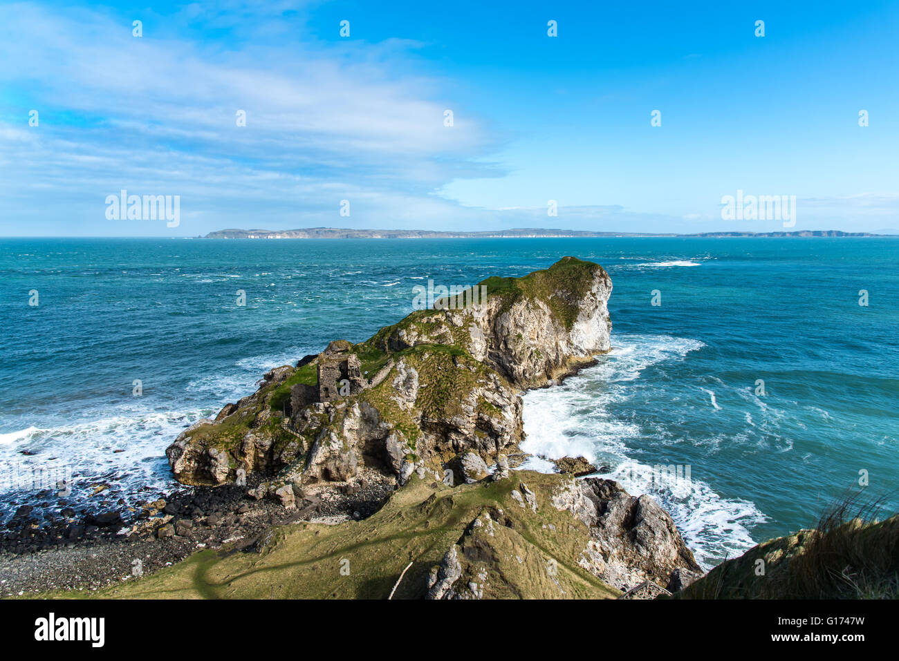 Kinbane Head and Castle, with Rathlin Island beyond. Co Antrim ...