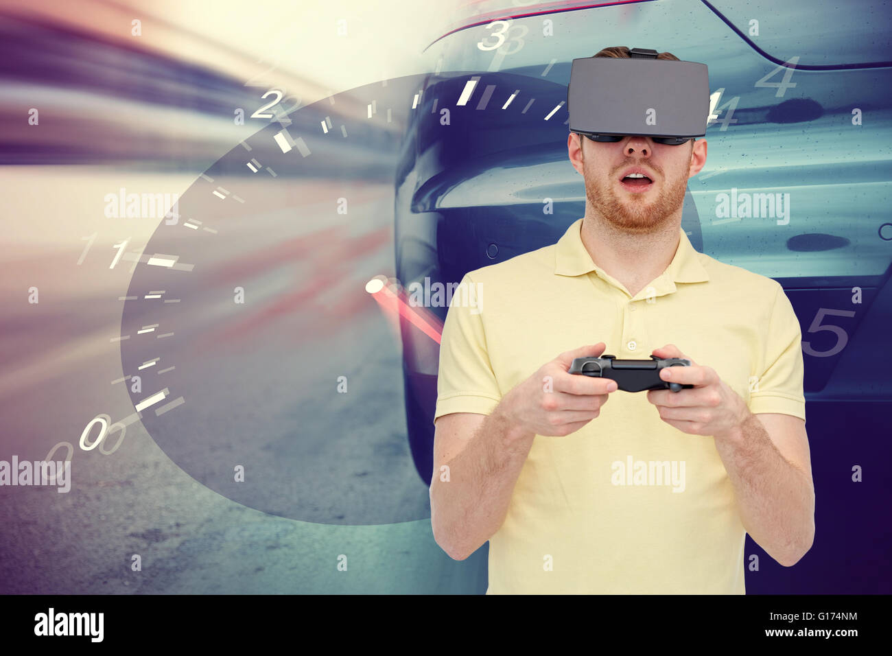 man in virtual reality headset and car racing game Stock Photo - Alamy