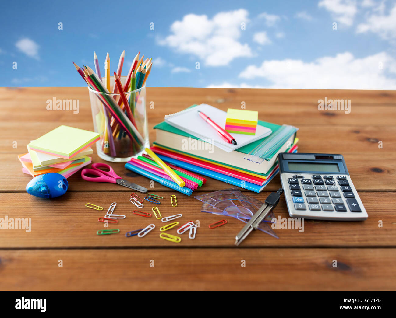 close up of stationery or school supplies on table Stock Photo - Alamy