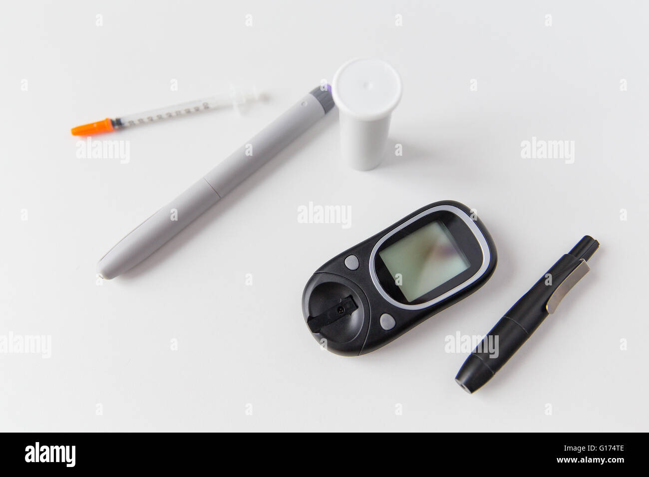 close up of glucometer, insulin pen and syringe Stock Photo - Alamy
