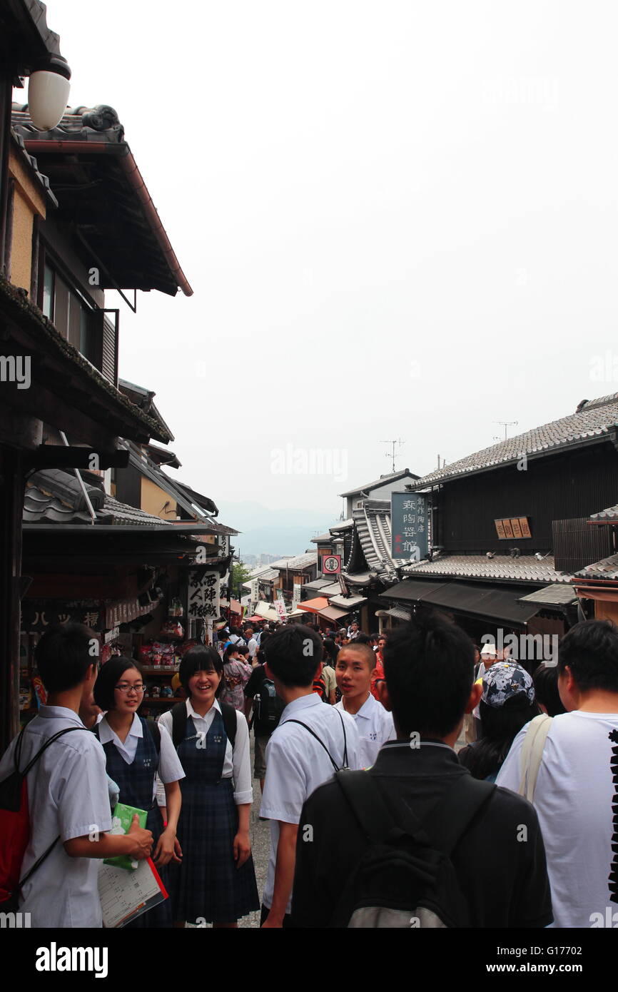 Crowd of visitors and tourists visits very traditional Kyoto street at ...