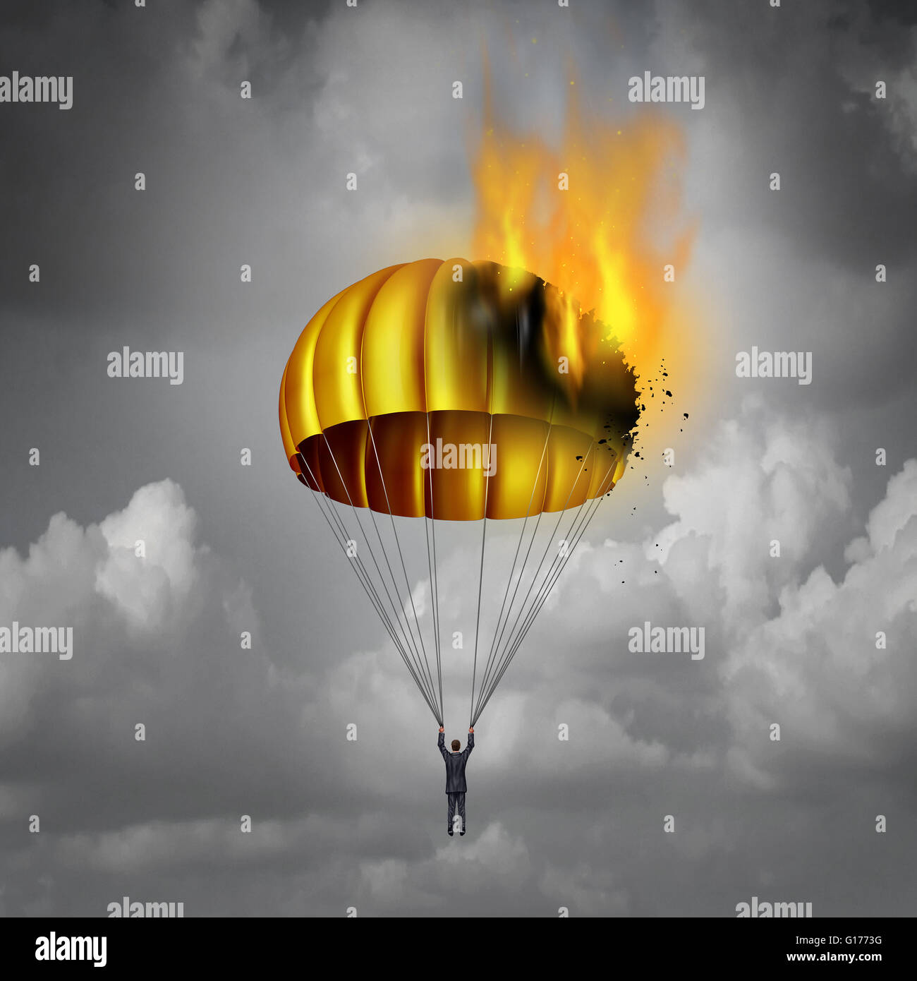 Golden parachute problem concept as a businessman in peril parachuting ...