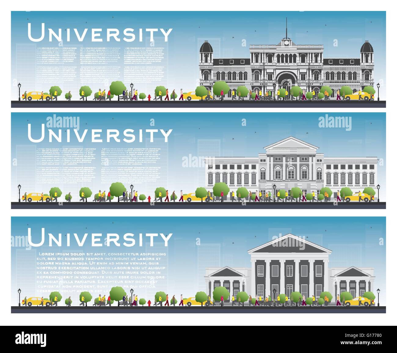 Set of university study banners. Vector illustration. Students go to ...