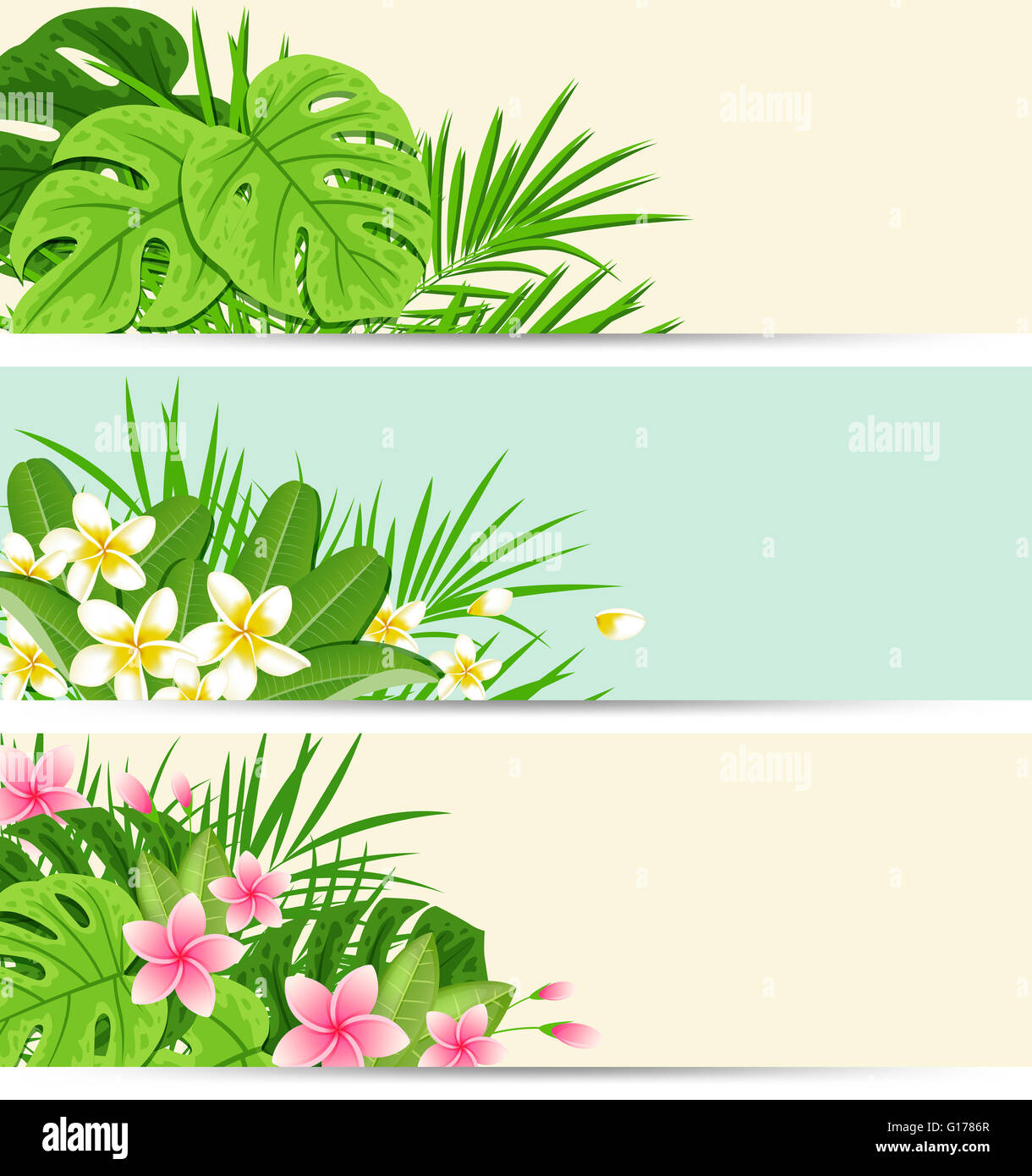 Horizontal tropical banners with flowers and leaves. Summer floral ...