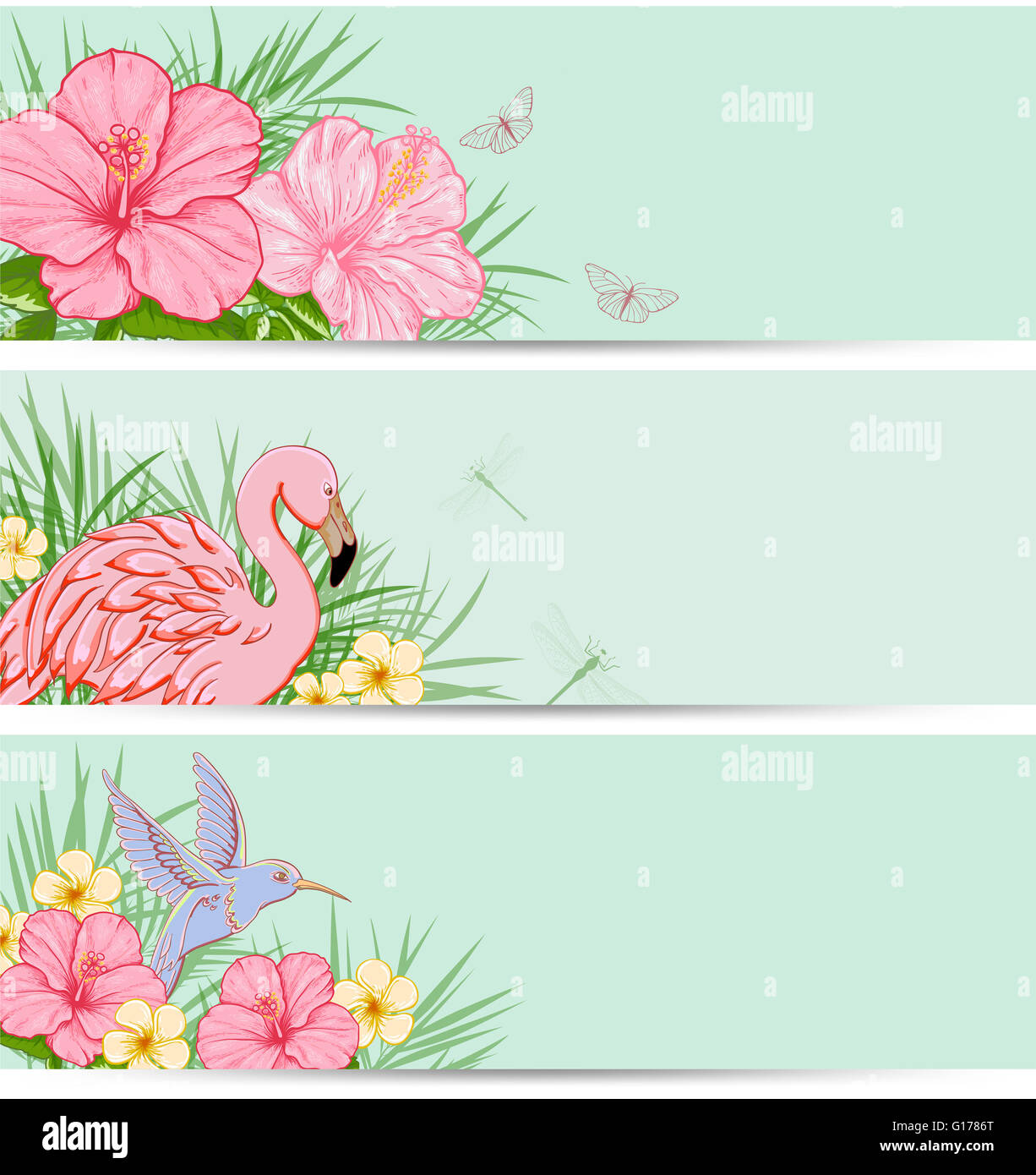 Horizontal tropical banners with flowers and leaves. Green nature ...