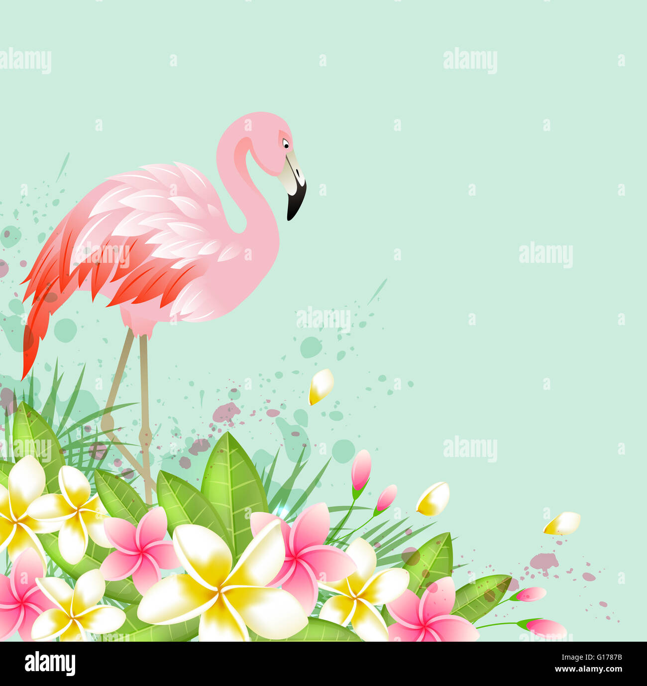 Tropical background with flowers and pink flamingo. Abstract green ...