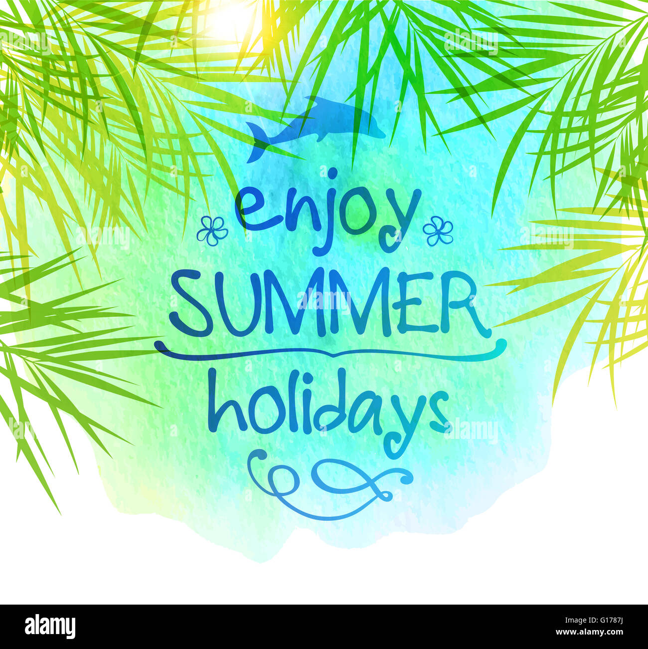 Summer tropical background with palm leaves and watercolor texture ...