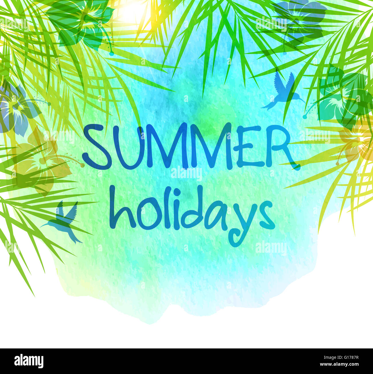 Summer tropical background with palm leaves and watercolor texture ...
