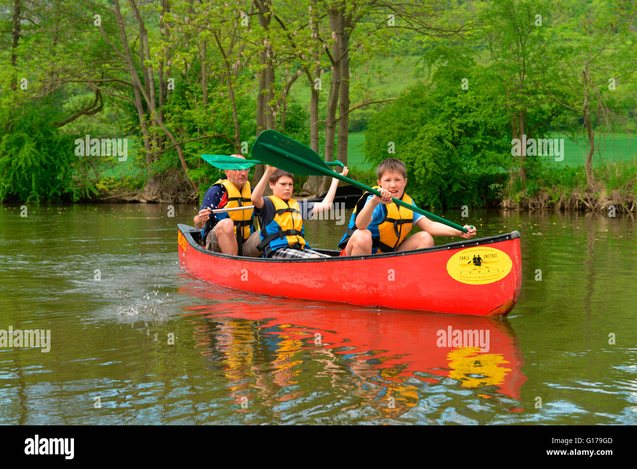 Canoe on river Unstrut, Saxony-Anhalt, Germany / Zedderbacher Mühle ...