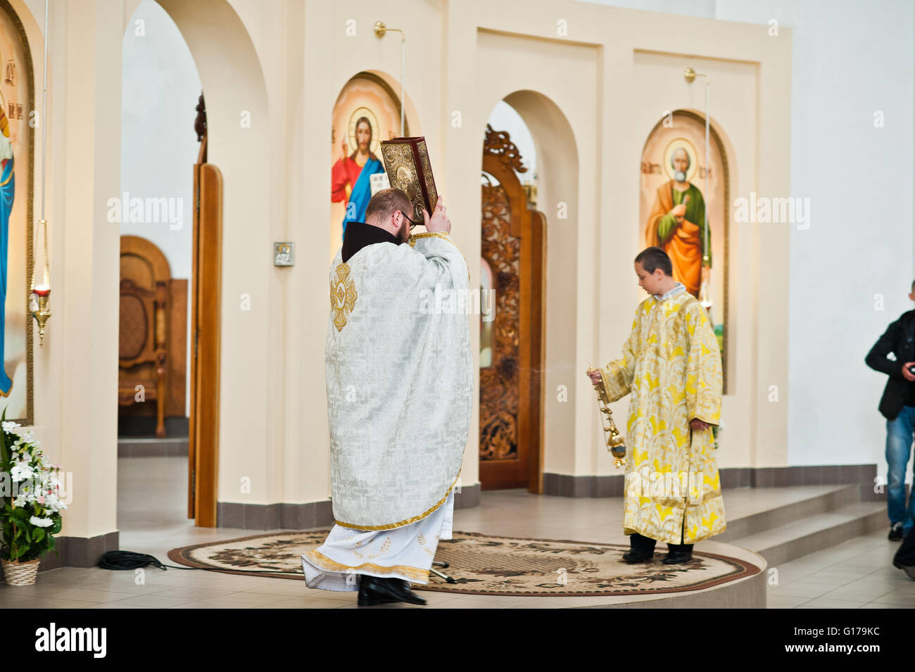 LVIV, UKRAINE - MAY 8, 2016: The ceremony of a First Communion in the ...
