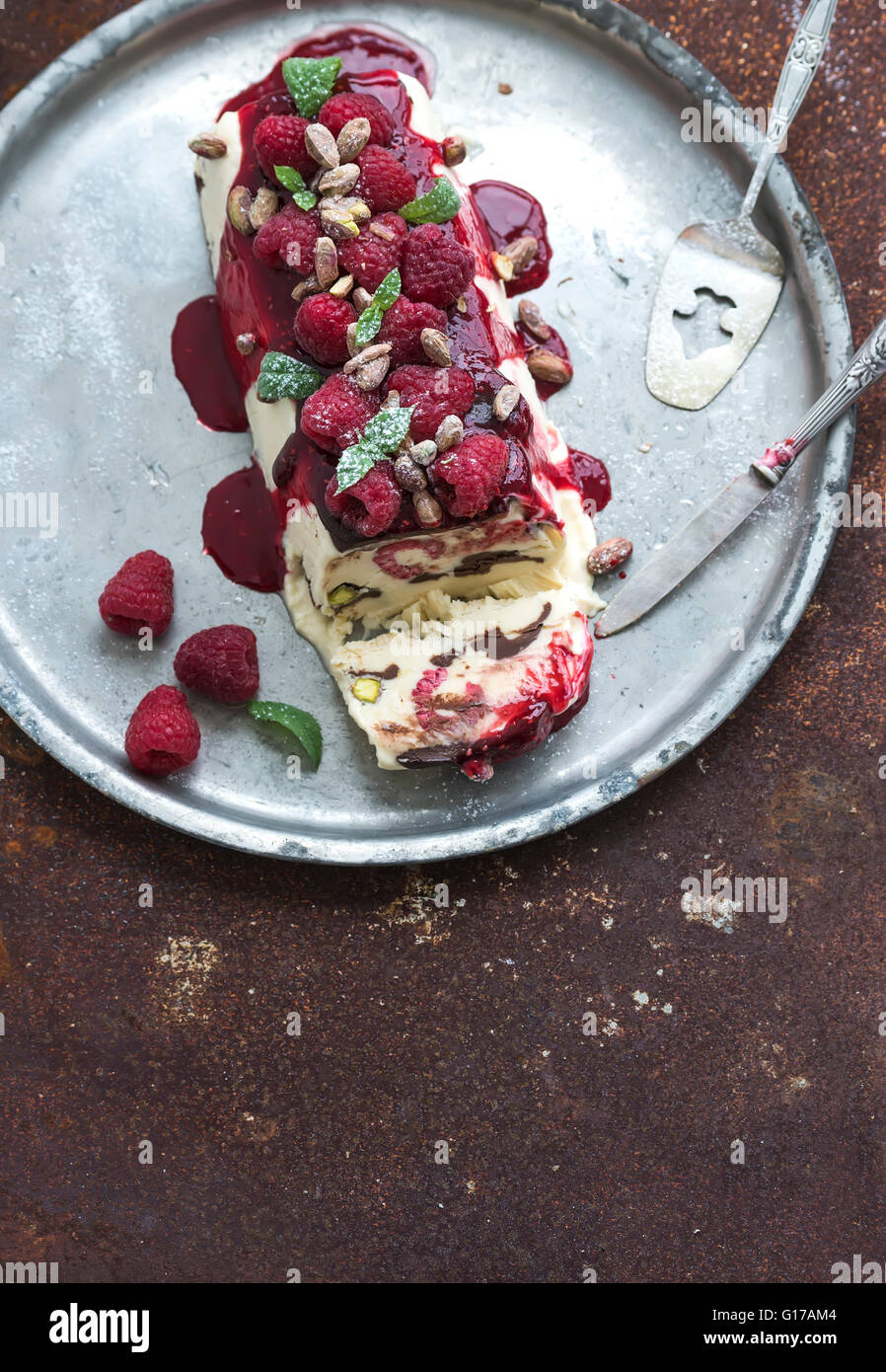 Semifreddo or italian cheese ice-cream dessert with pistachios, fresh ...