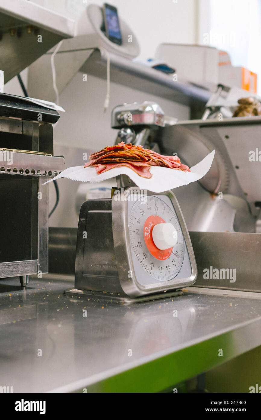 Sliced deli meat on scale in general store Stock Photo - Alamy