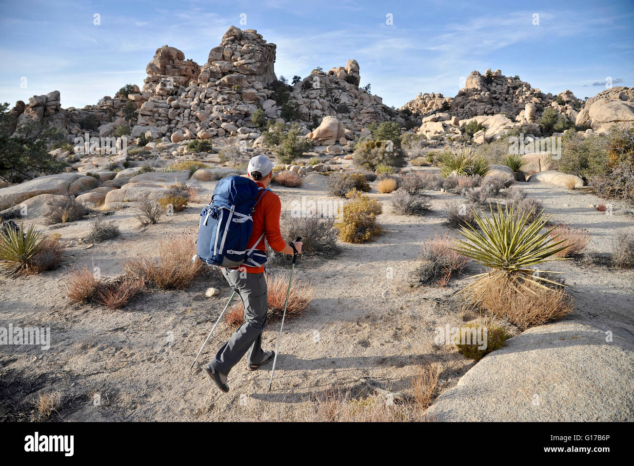 Hiker exploring Mojave Desert, Joshua Tree National Park, California ...