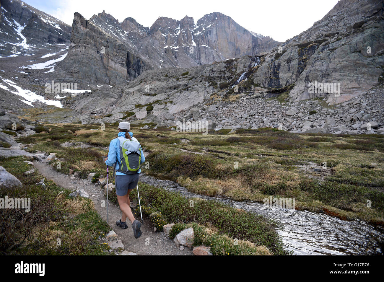 Hiker exploring Chasm Lake, Rocky Mountains National Park, Colorado ...