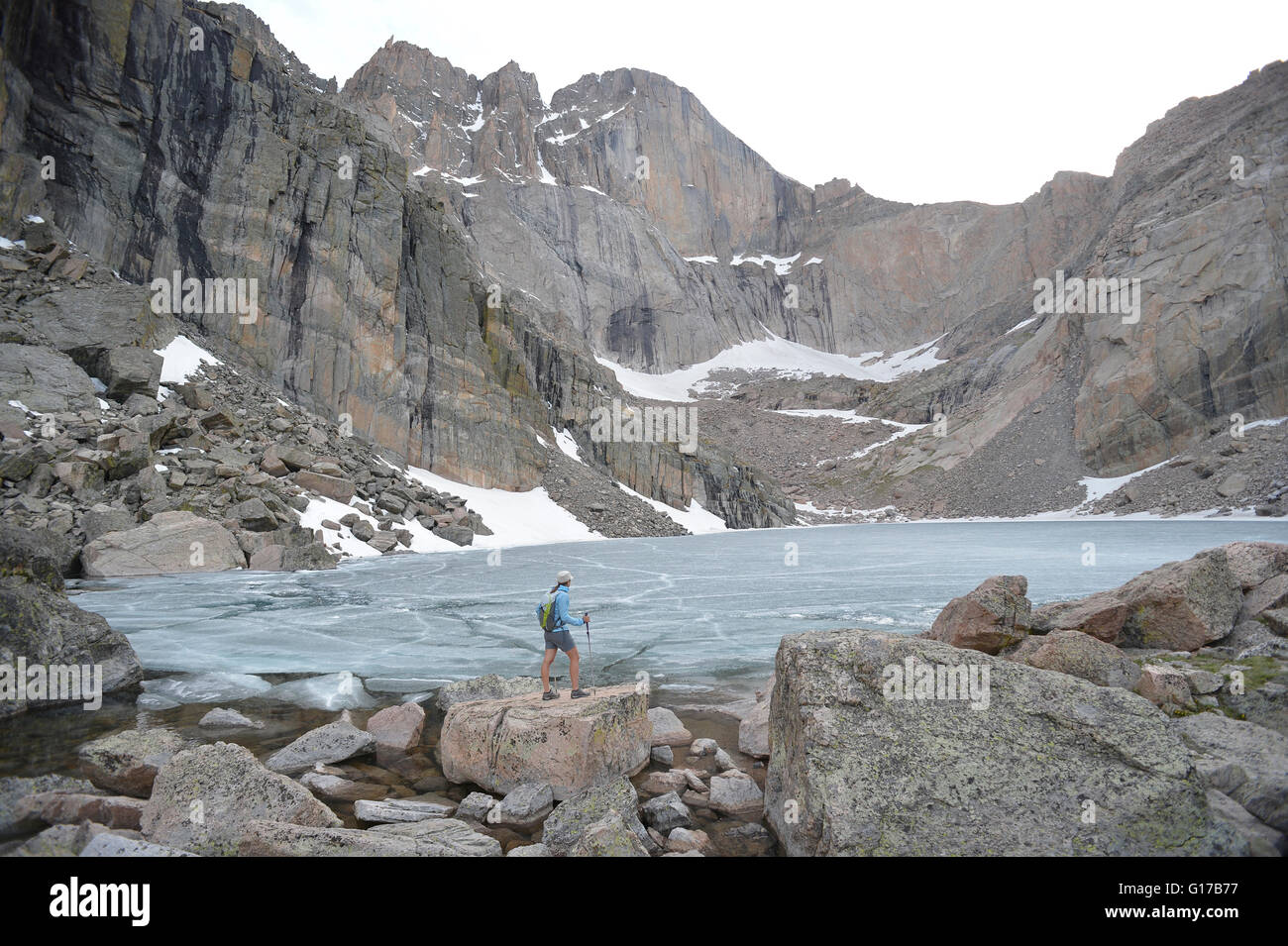 Hiker exploring Chasm Lake, Rocky Mountains National Park, Colorado ...