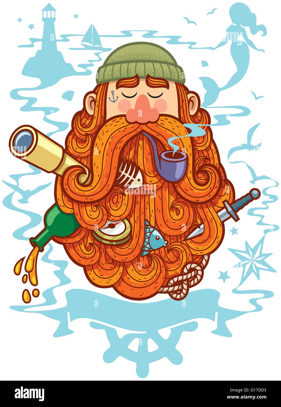 Concept illustration for marine life depicting sailor with big beard ...