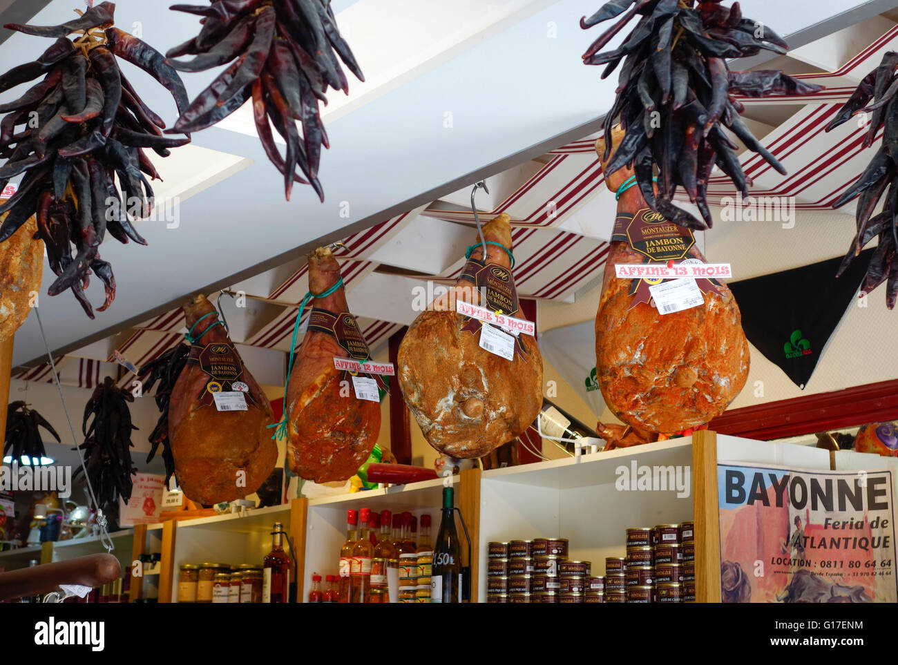 Traditional delicatessen in shop, old town, with Bayonne ham and dried ...