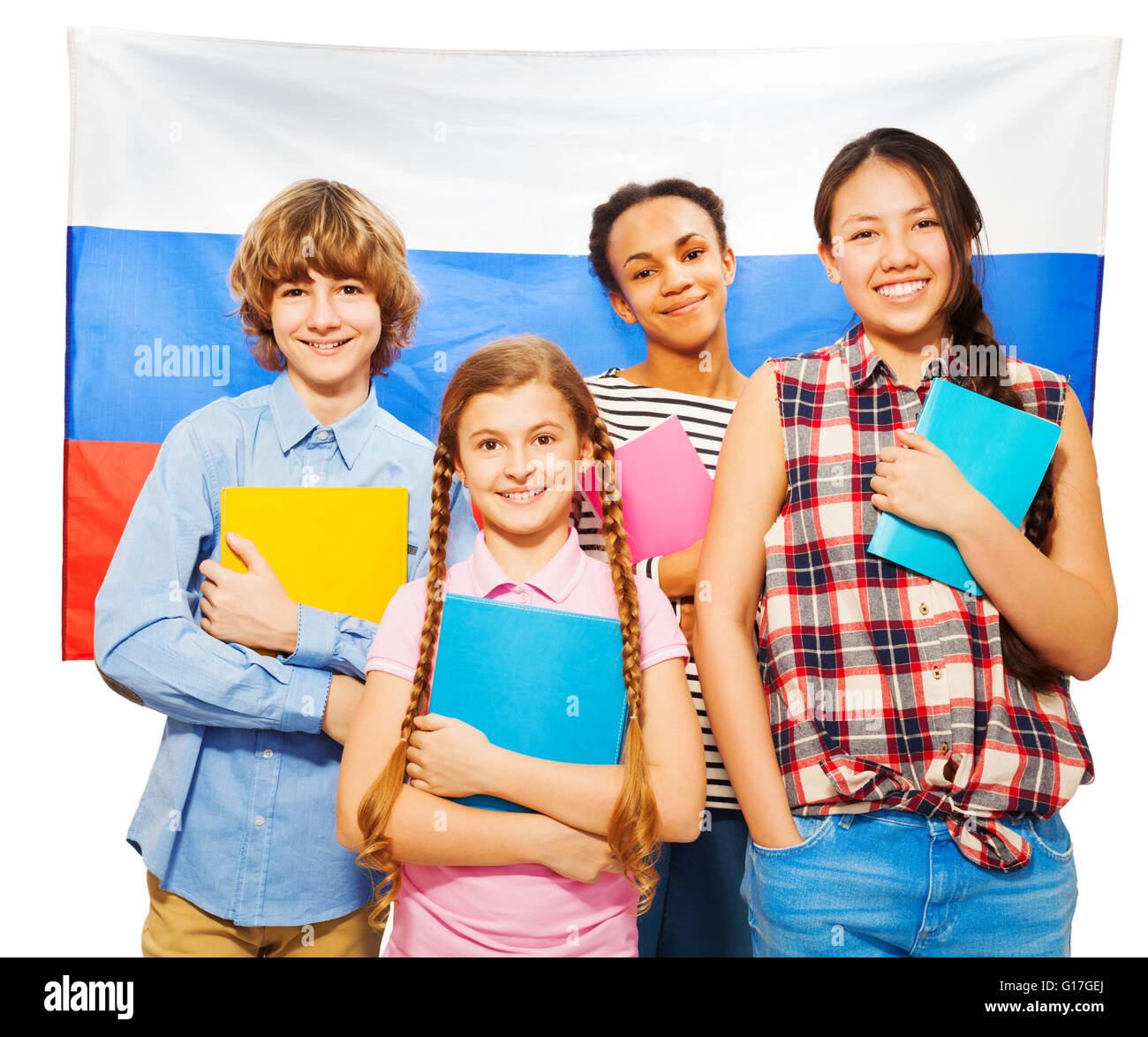 Four happy students standing against Russian flag Stock Photo - Alamy
