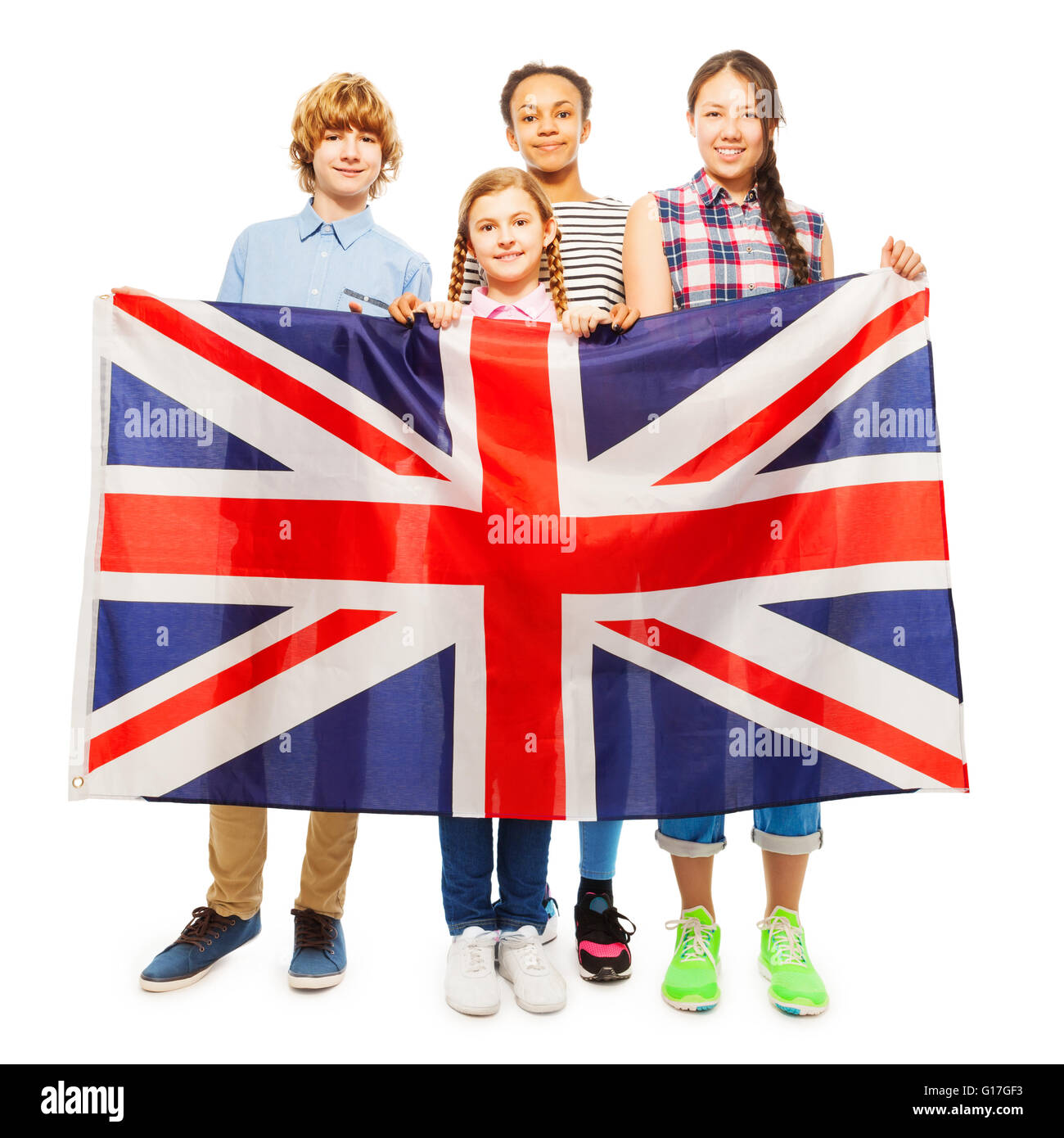 Four multiethnic teenage kids holding British flag Stock Photo - Alamy