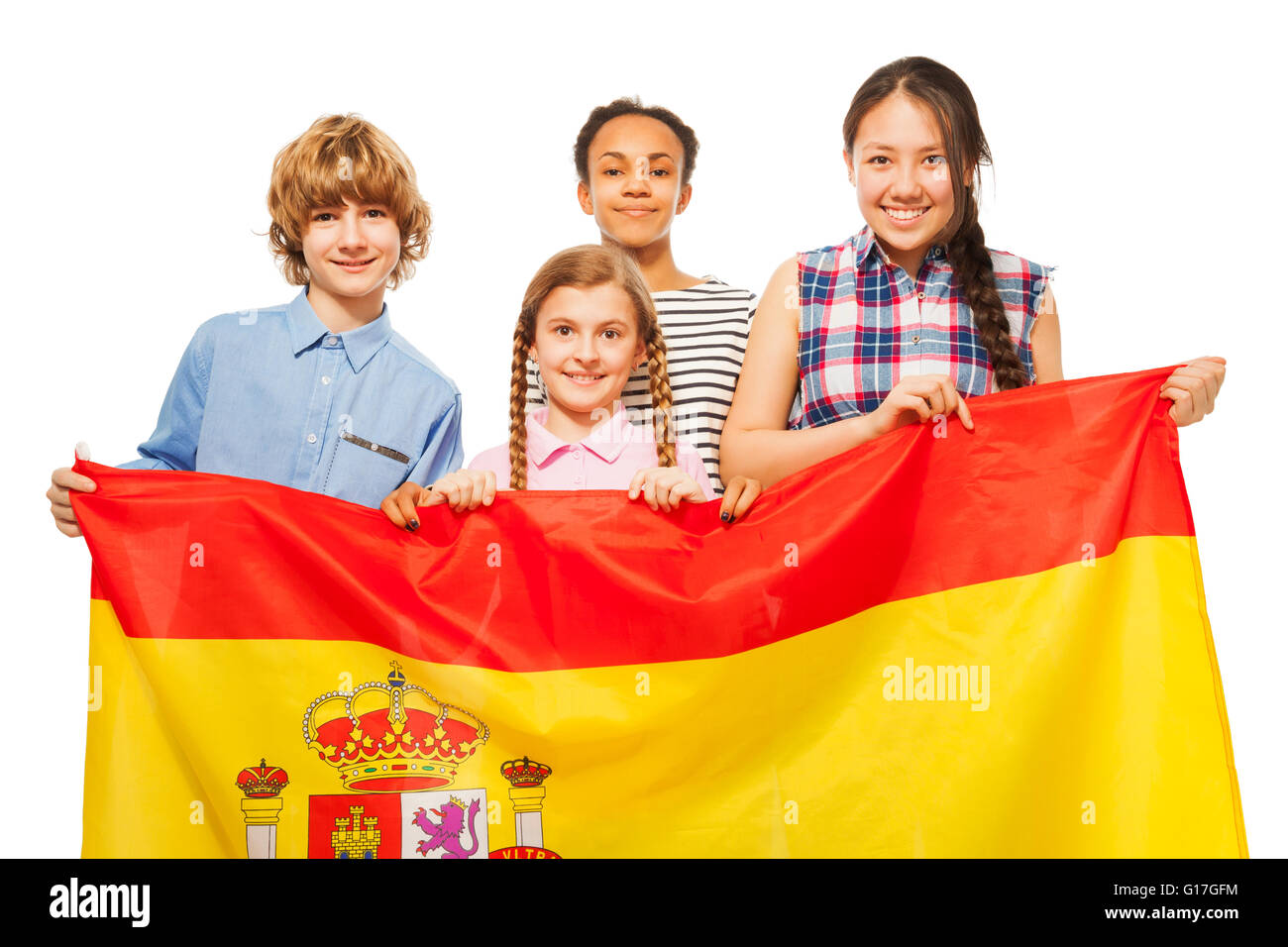 Happy multiethnic teenage kids with flag of Spain Stock Photo - Alamy