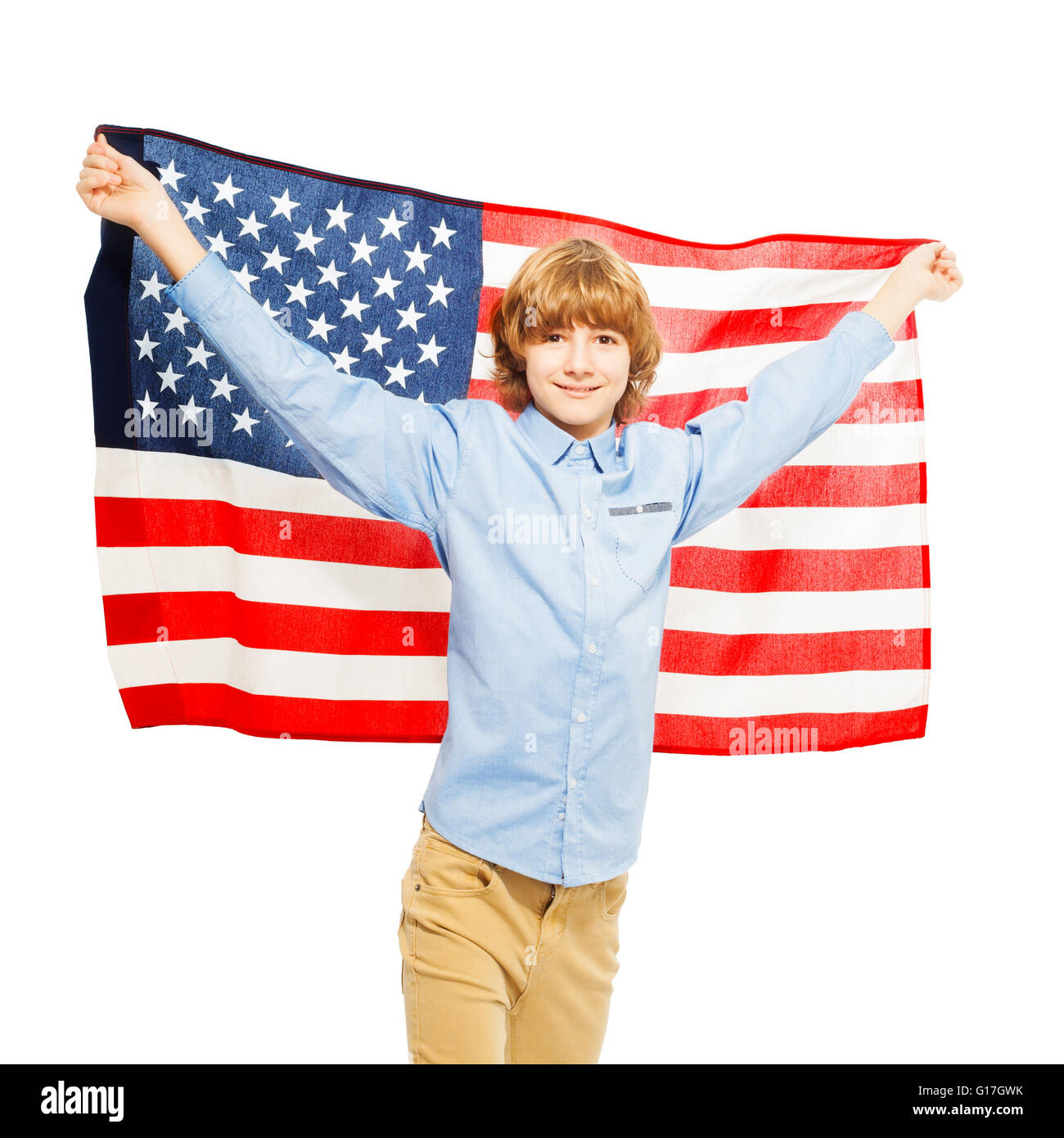 American teenage boy waving star-spangled banner Stock Photo - Alamy