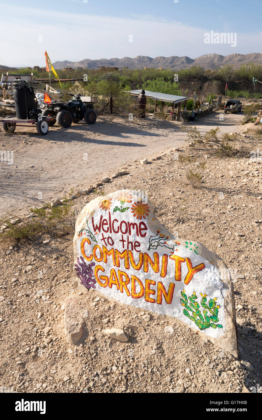 Painted rock welcome sign for the community garden in Terlingua, Texas ...
