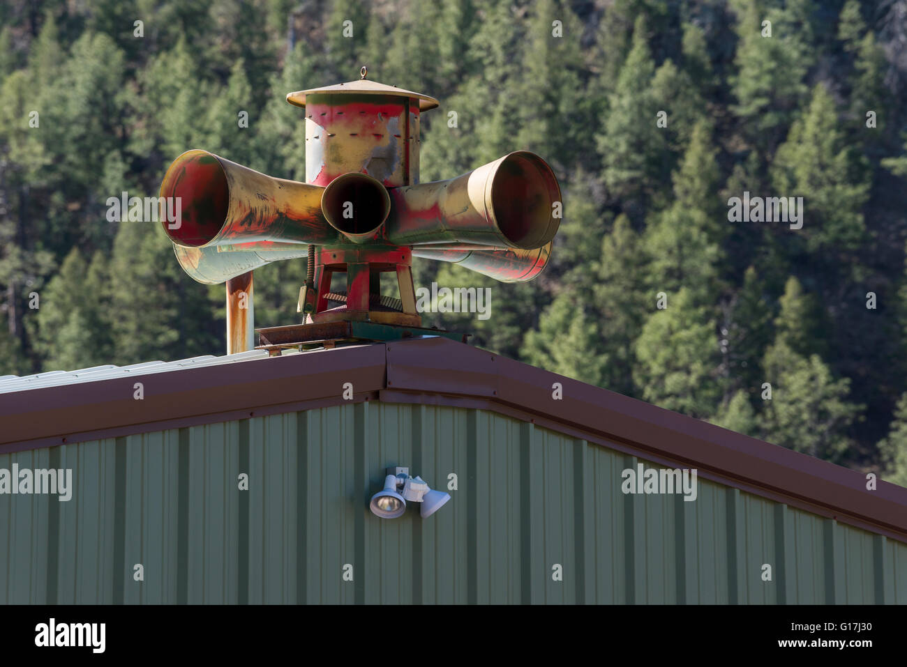 Emergency siren on the roof of a building in Mogollon, New Mexico Stock ...
