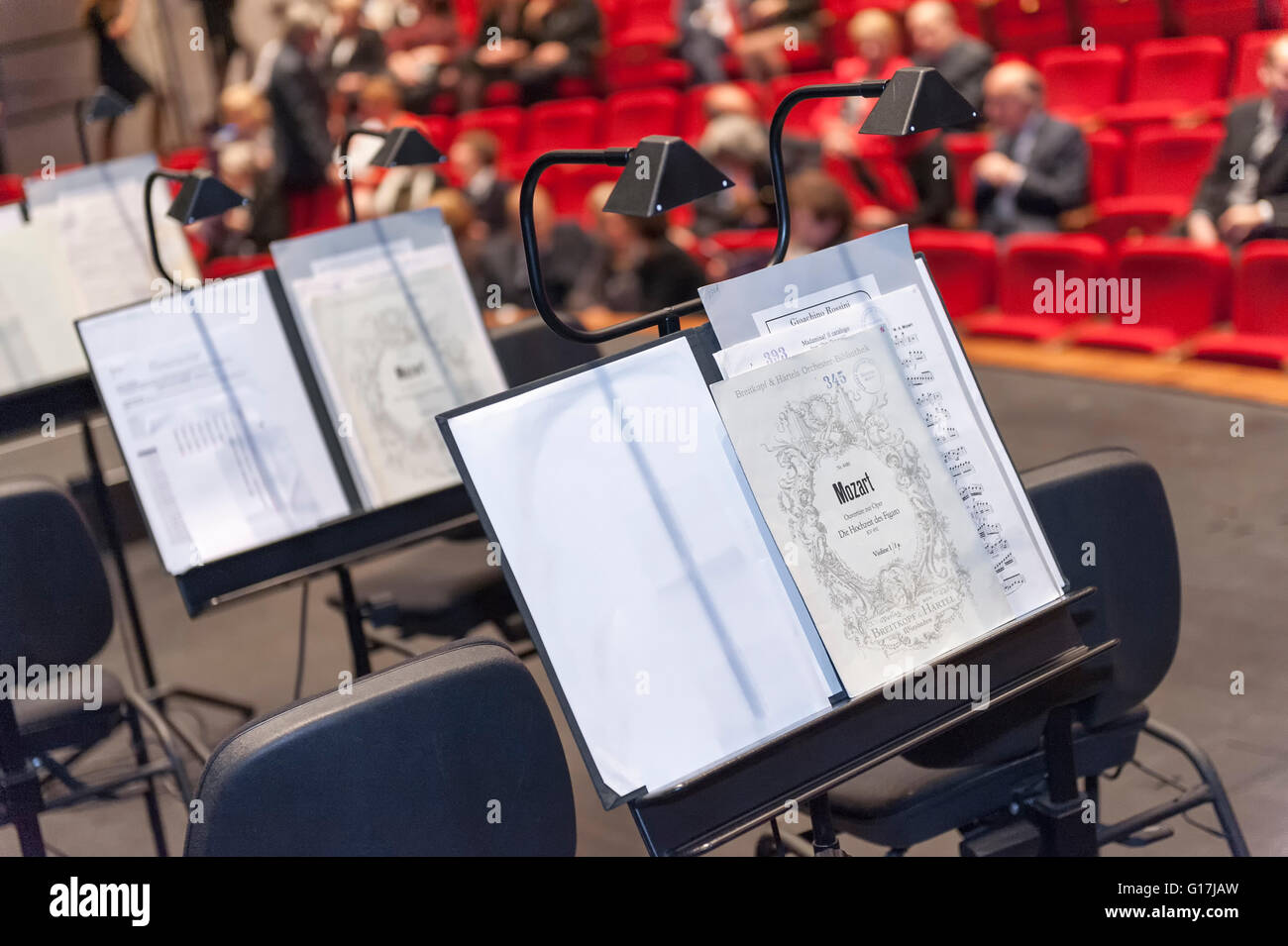 Sheet music at the stage before starting the concert Stock Photo - Alamy