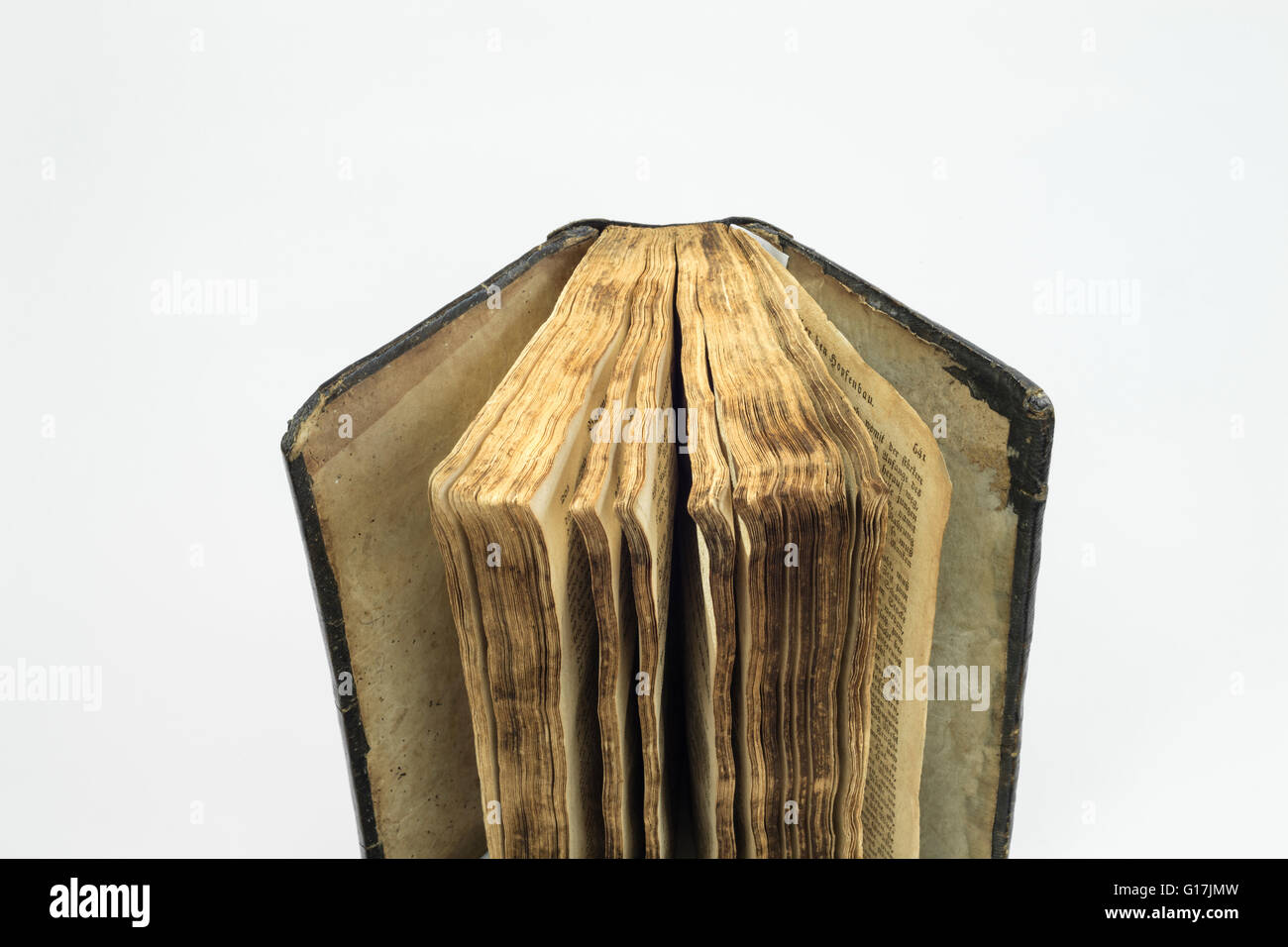 Detail of pages of old ancient book with isolated white background ...
