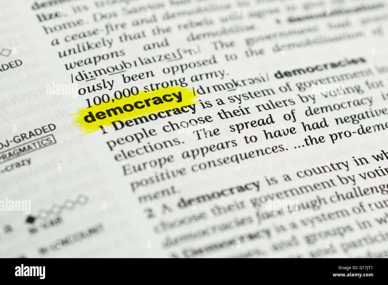 Detail of the english word "democracy" highlighted and its definition ...