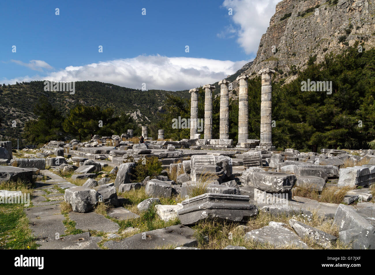 General temple view of Priene Ancient City in Aydın, Turkey, on bright ...